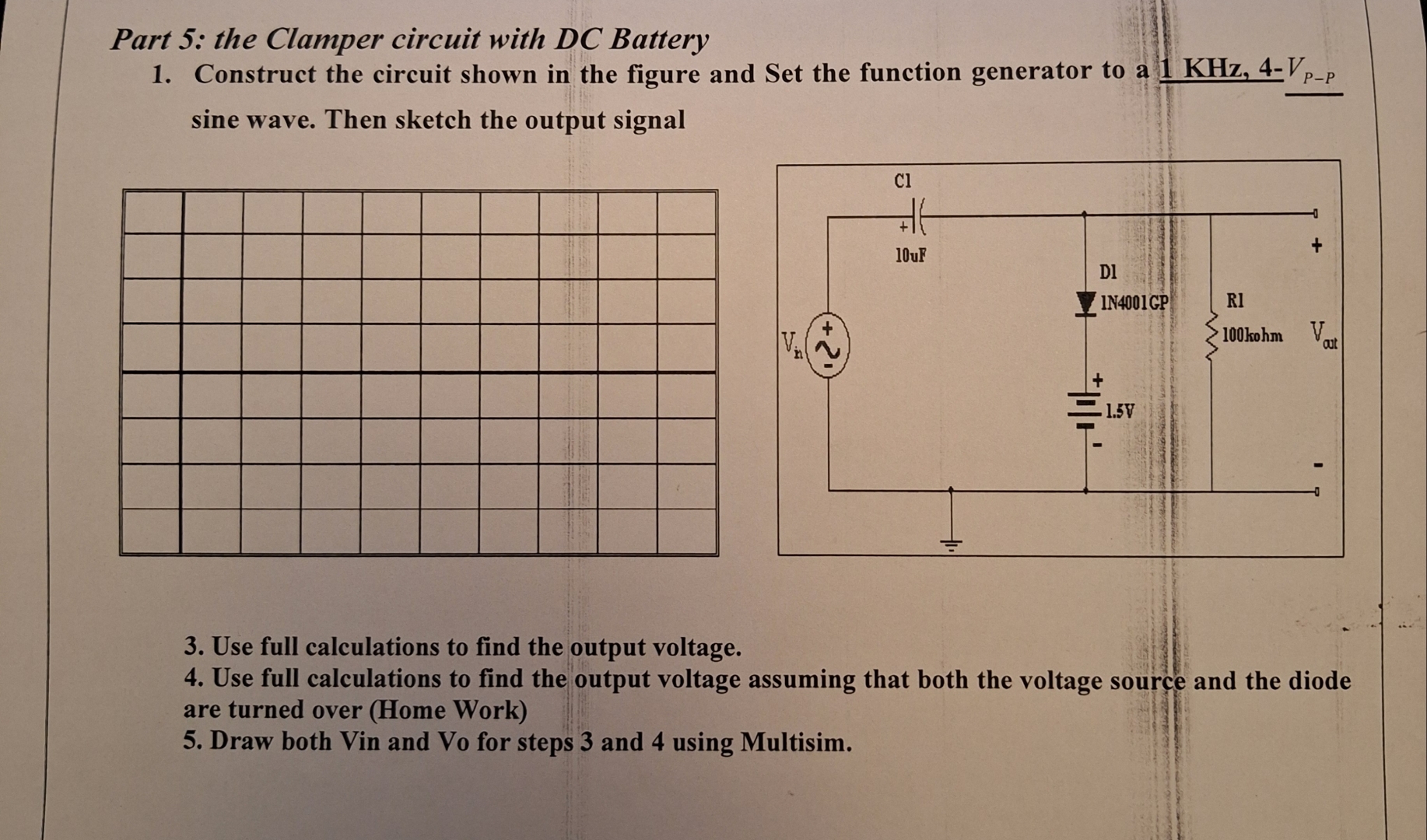 Solved Part 5: the Clamper circuit with DC BatteryConstruct | Chegg.com