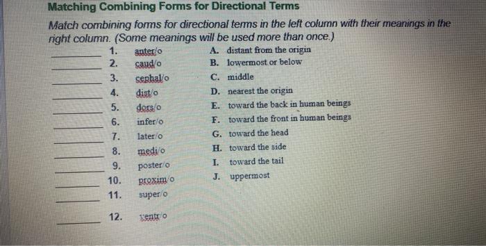 Solved Matching Combining Forms for Directional Terms Match | Chegg.com