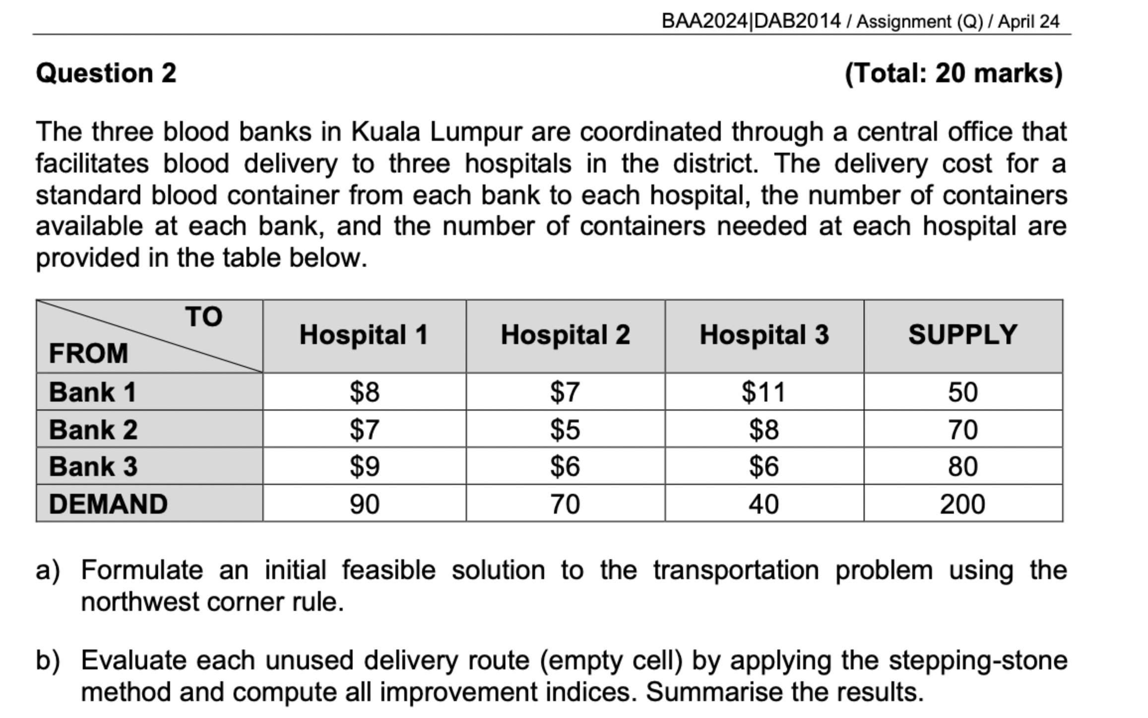 Solved Question 2(Total: 20 ﻿marks)The three blood banks in | Chegg.com