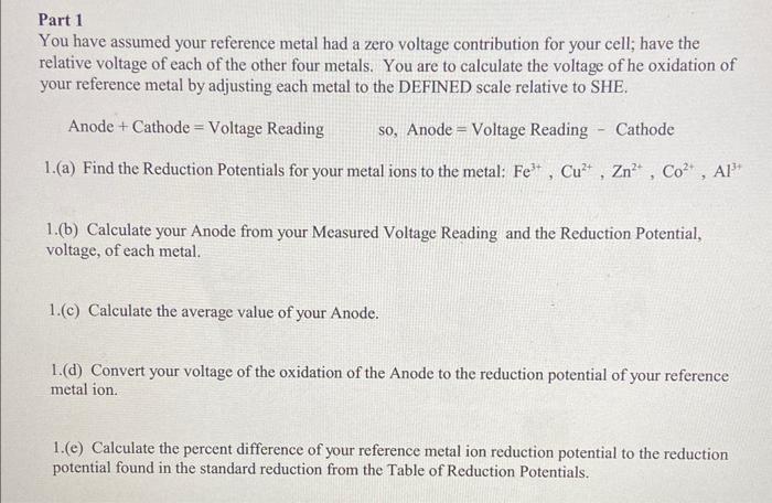 Solved Part 1 You have assumed your reference metal had a | Chegg.com