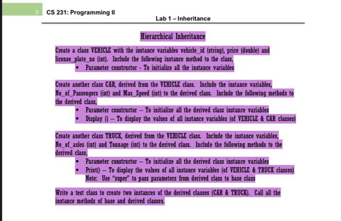Solved Hierarchical InheritanceCreate a class VEHICLE with | Chegg.com