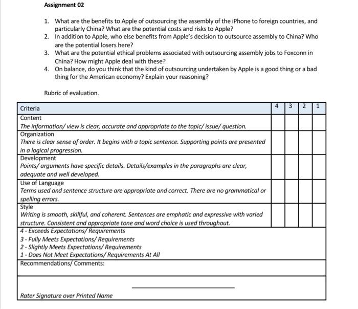 Solved Assignment 02 1. What are the benefits to Apple of | Chegg.com
