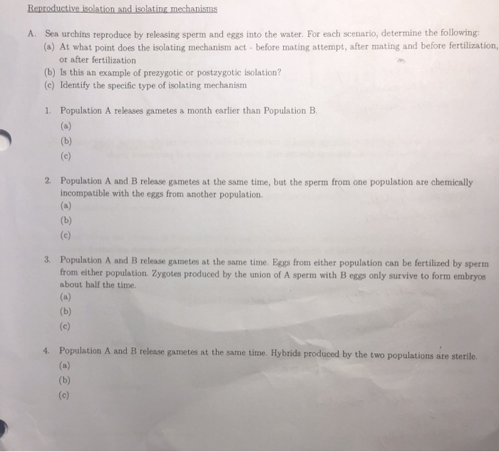 Solved Reproductive isolation and isolating mechanisms A. | Chegg.com