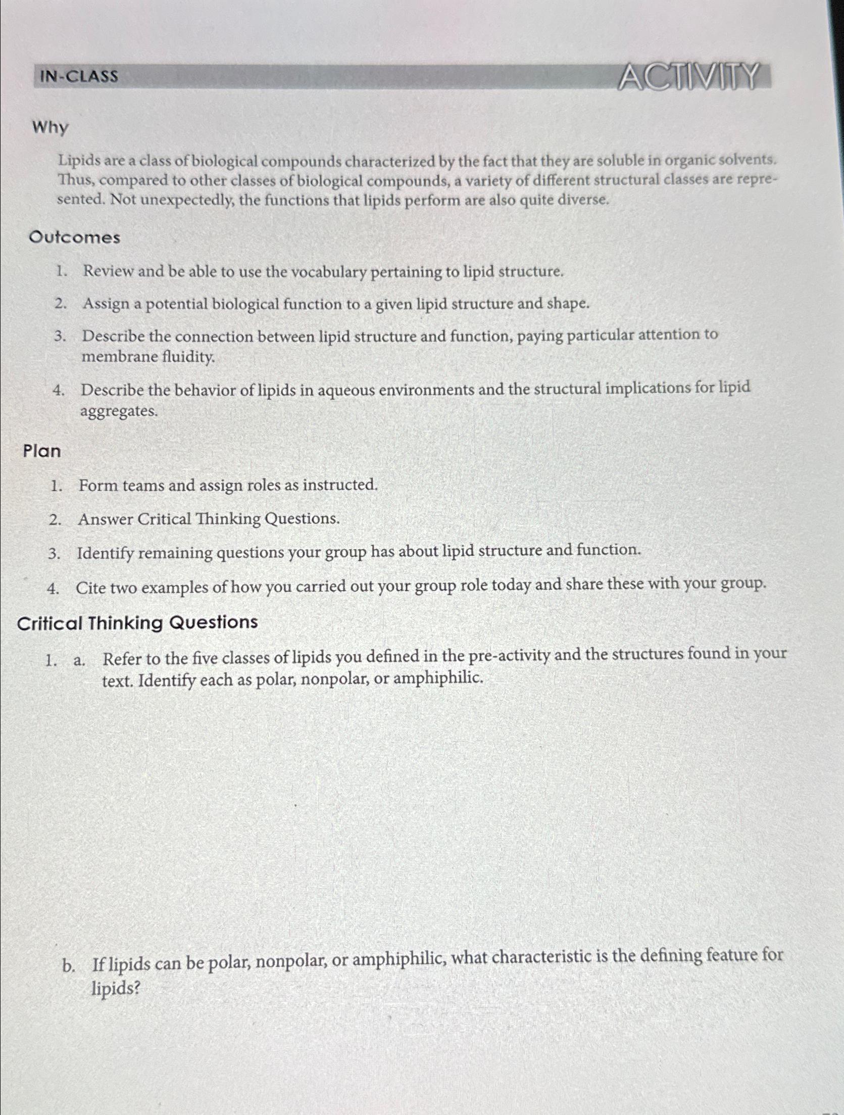 Solved IN-CLASSActiviturWhyLipids are a class of biological | Chegg.com