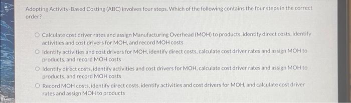 Solved Adopting Activity-Based Costing (ABC) involves four | Chegg.com