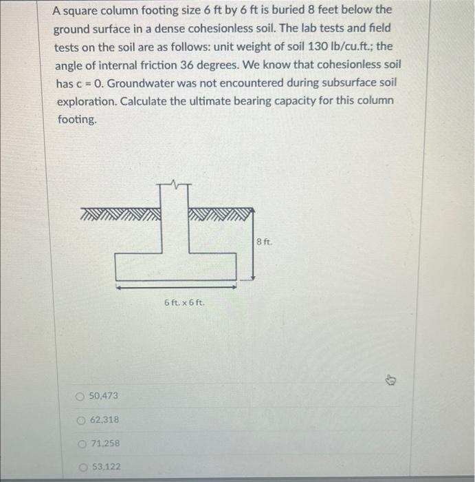 Solved A square column footing size 6ft by 6ft is buried 8 | Chegg.com