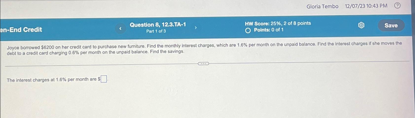 Gloria Tembo1207?2310:43 ﻿PMQuestion 8, 12.3.TA-1HW | Chegg.com