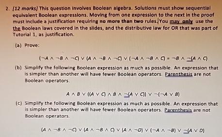 Solved [12 ﻿marks] ﻿This question involves Boolean aigebra. | Chegg.com