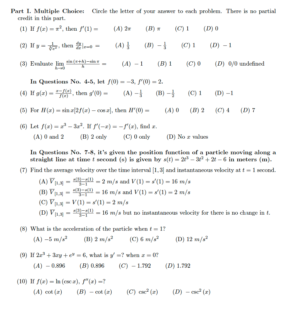 Solved Part I. Multiple Choice: Circle the letter of your | Chegg.com