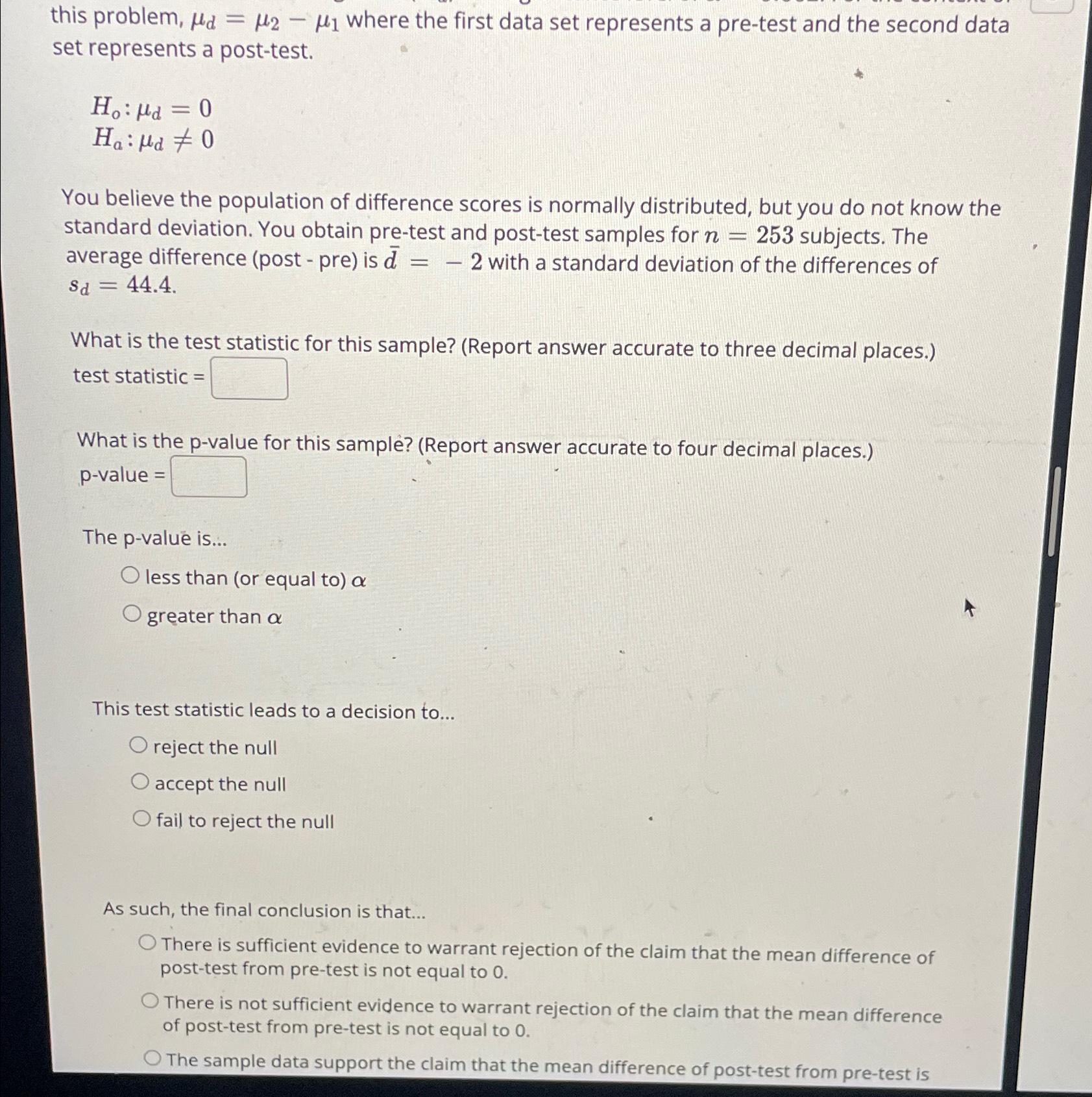 Solved this problem, μd=μ2-μ1 ﻿where the first data set | Chegg.com