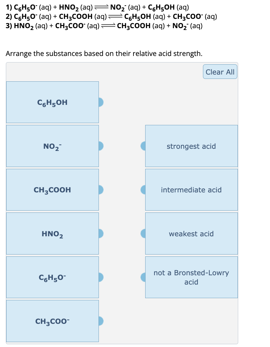 Solved C6H5O-(aq)+HNO2(aq)⇌NO2-(aq)+C6H5OH(aq))-)-Arrange | Chegg.com
