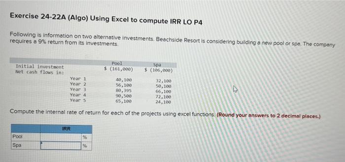 Solved Exercise 24-22A (Algo) Using Excel to compute IRR LO | Chegg.com