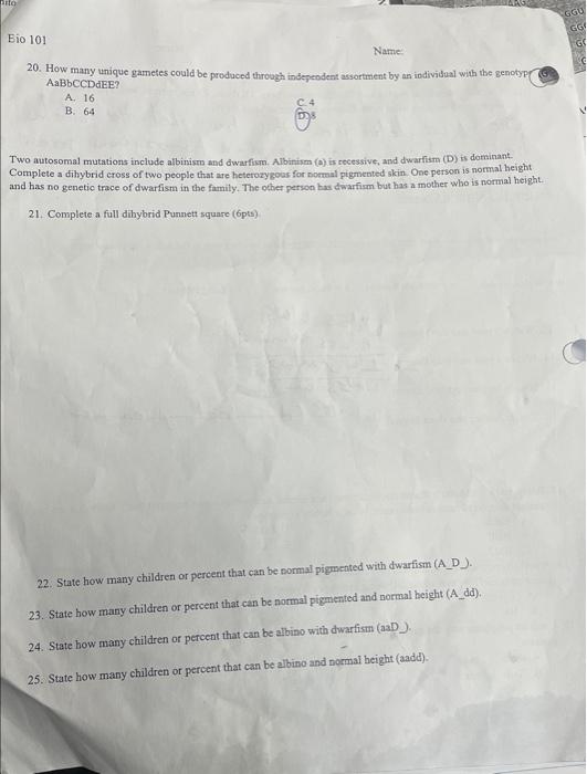 Solved 20. How many unique gametes could be produced throogh | Chegg.com