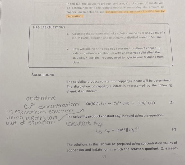 In this lab, the solubility product constant, Ki, of | Chegg.com