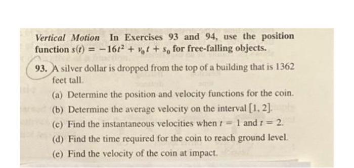 Solved Vertical Motion In Exercises 93 and 94, use the | Chegg.com