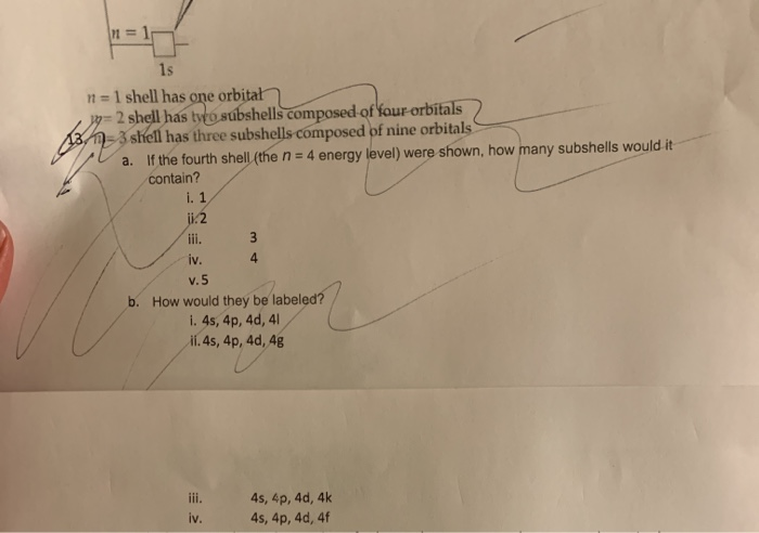 Solved n=1 1s n=1 shell has one orbital 2 shell has tyro | Chegg.com