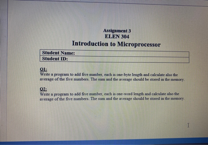 Solved Assignment 3 ELEN 304 Introduction to Microprocessor | Chegg.com