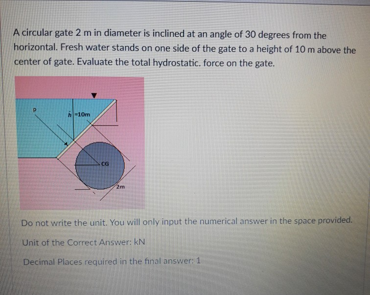 Solved A circular gate 2 m in diameter is inclined at an | Chegg.com
