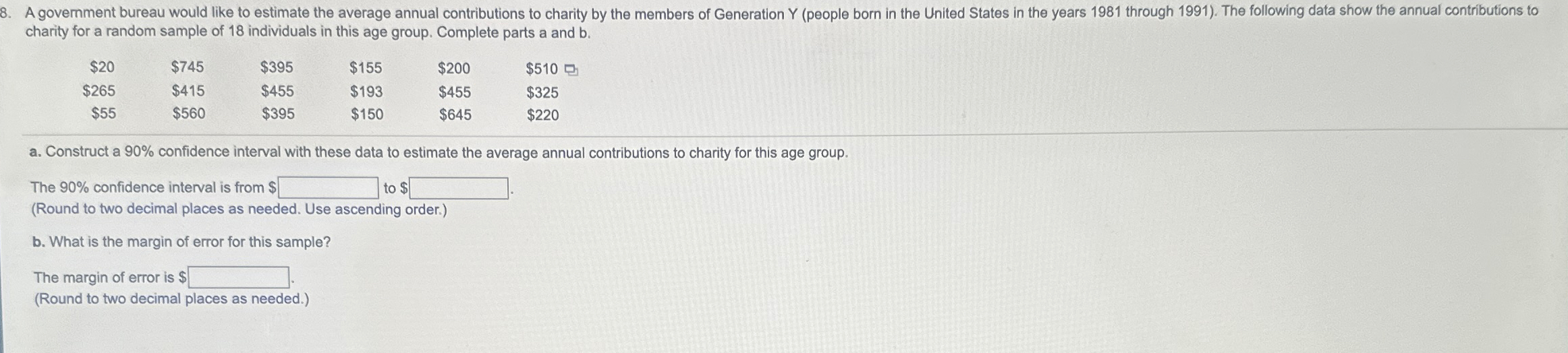 Solved charity for a random sample of 18 ﻿individuals in | Chegg.com