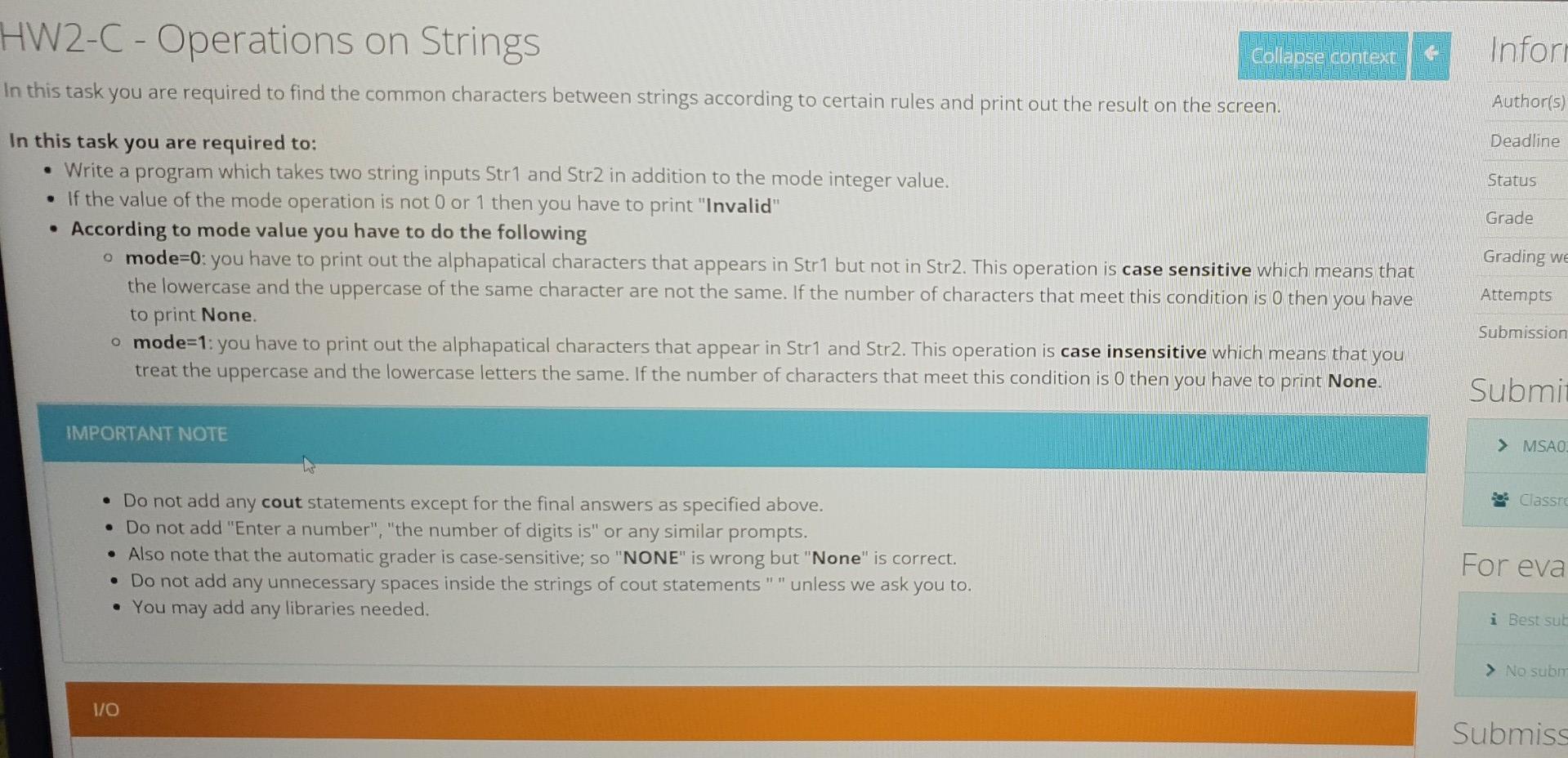 Solved HW2-C - Operations on Strings Edllapse context Infor | Chegg.com