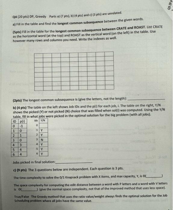 Solved Q4 (20 pts) DP, Greedy Parts a) (7 pts), b) (4 pts) | Chegg.com