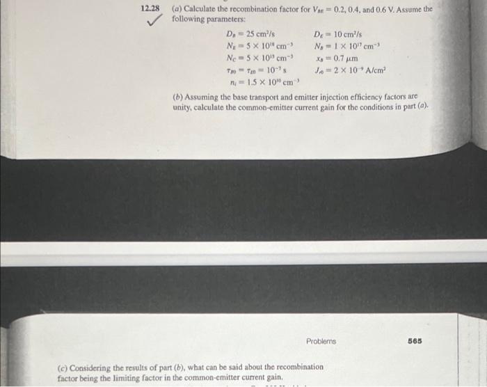 Solved 12.28 (a) Calculate the recombination factor for | Chegg.com