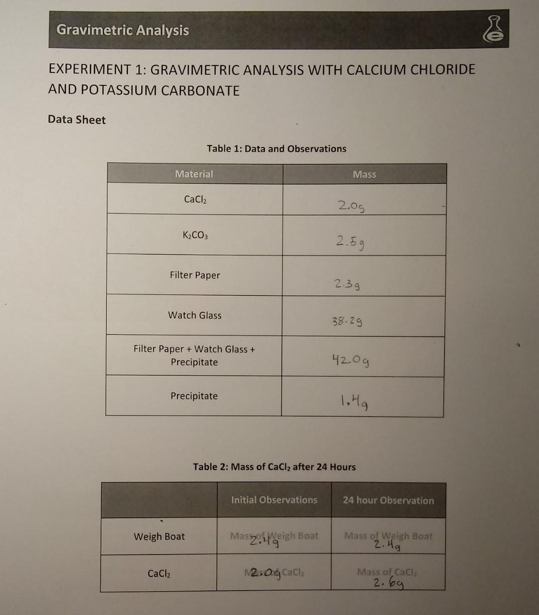 Solved Gravimetric Analysis EXPERIMENT 1: GRAVIMETRIC | Chegg.com