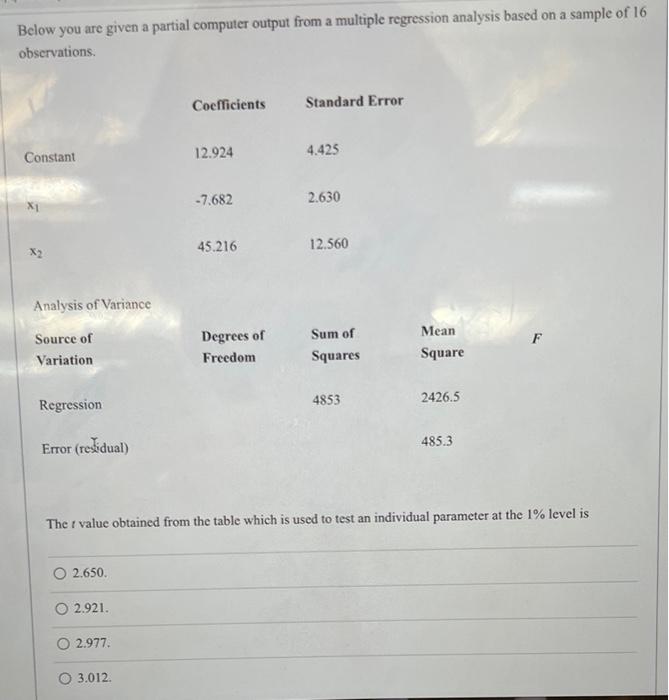 Solved Below you are given a partial computer output from a | Chegg.com