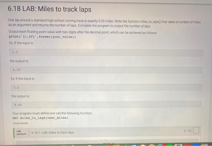 Solved: 6.18 LAB: Miles To Track Laps One Lap Around A Sta... | Chegg.com