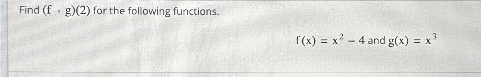 Solved Find (f@g)(2) ﻿for the following functions.f(x)=x2-4 | Chegg.com