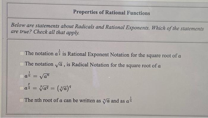 Solved Properties of Rational Functions Below are statements | Chegg.com