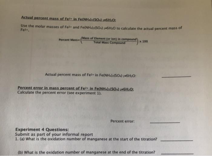 Solved Mass of Fe(NH4)2(SO4)2 * 6H2O: 0.177gMolarity of | Chegg.com