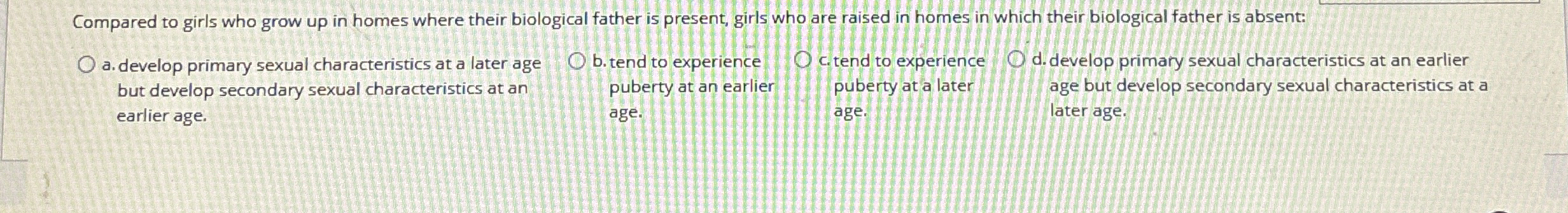 Solved Compared to girls who grow up in homes where their | Chegg.com