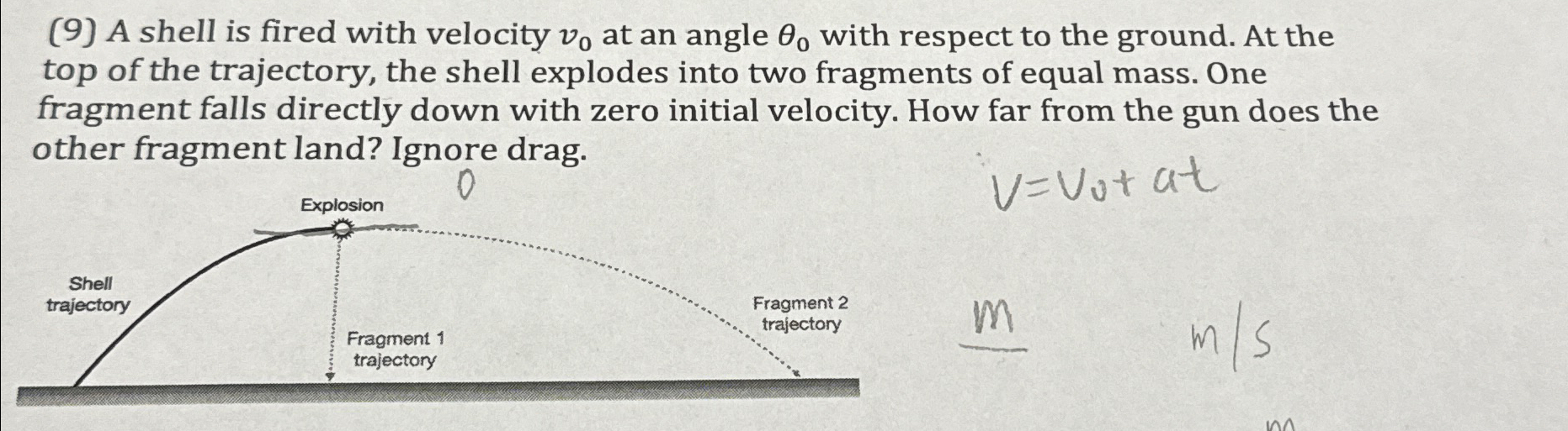 Solved (9) ﻿A shell is fired with velocity v0 ﻿at an angle | Chegg.com