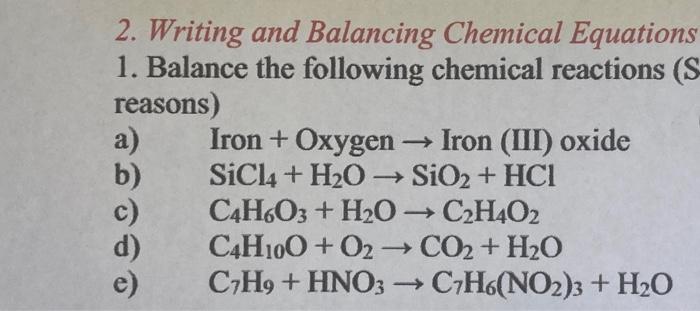 Solved 2. Writing and Balancing Chemical Equations 1. | Chegg.com