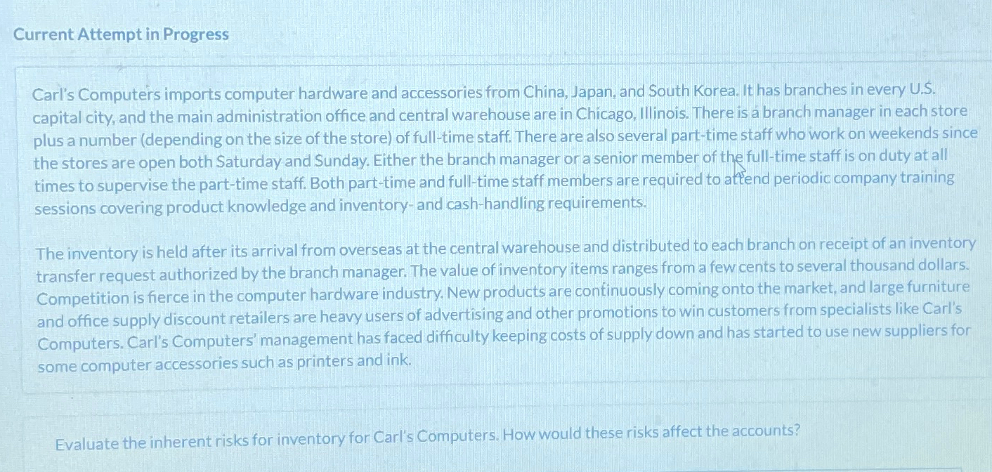 Solved Current Attempt in ProgressCarl's Computers imports | Chegg.com