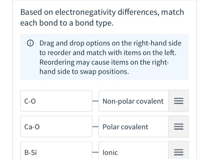 Solved Based on electronegativity differences, match each | Chegg.com