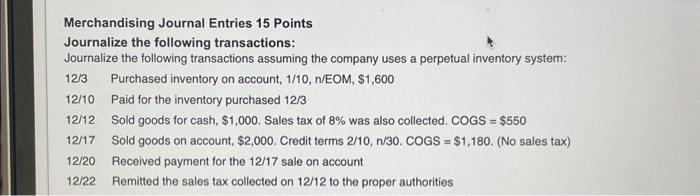 Solved Merchandising Journal Entries 15 Points Journalize | Chegg.com