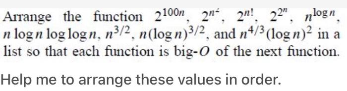 Solved Arrange the function 2100 21, 2n! 22". nlogn n logn | Chegg.com