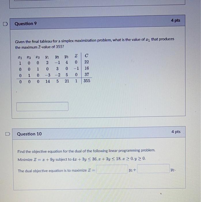 Solved Given the final tableau for a simplex maximization | Chegg.com