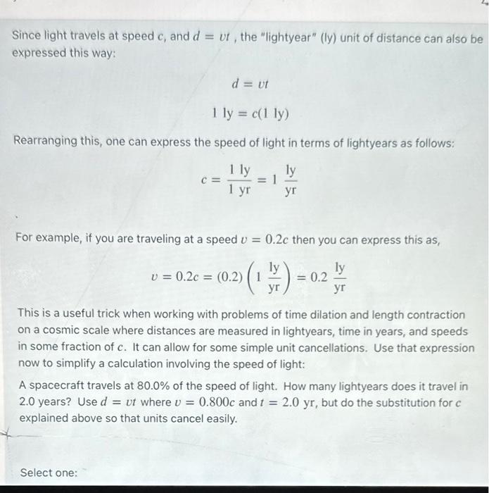 Solved Since light travels at speed c, and d=vt, the | Chegg.com