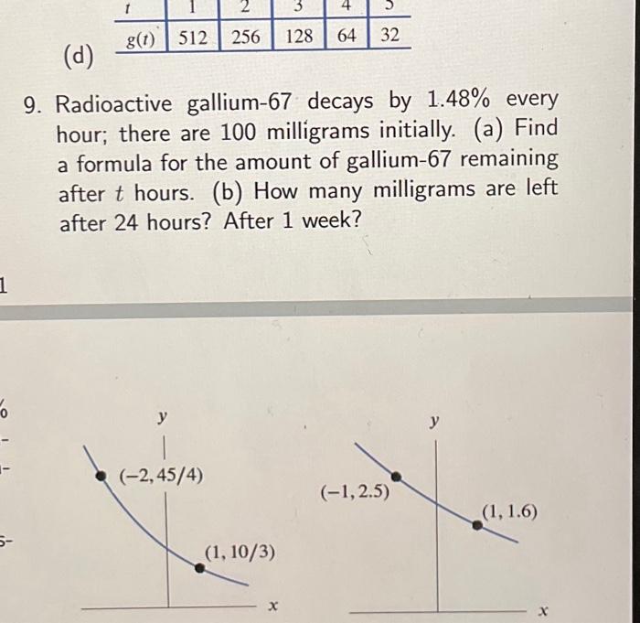Solved 9. Radioactive gallium- 67 decays by 1.48% every | Chegg.com