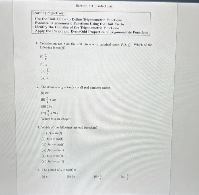 Solved Learning objectives: - Use the Unit Circle to Define | Chegg.com