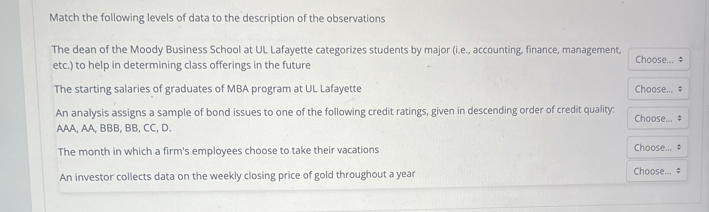 Solved Match the following levels of data to the description | Chegg.com