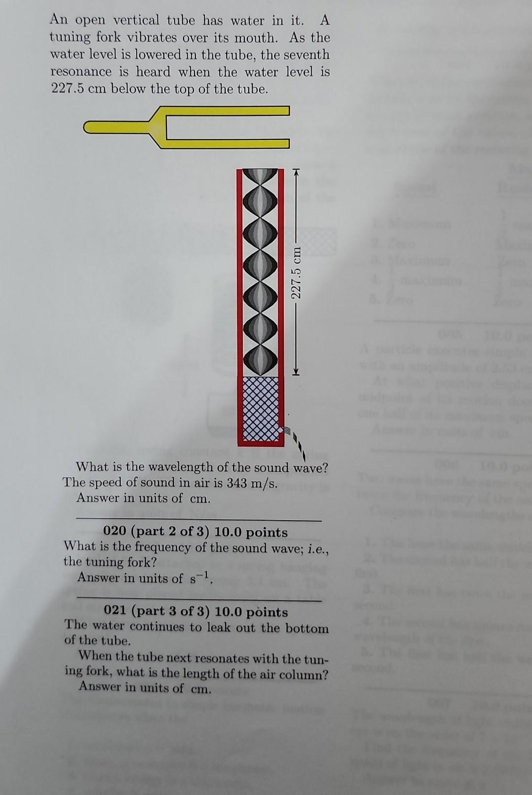 Solved An open vertical tube has water in it. A tuning fork | Chegg.com