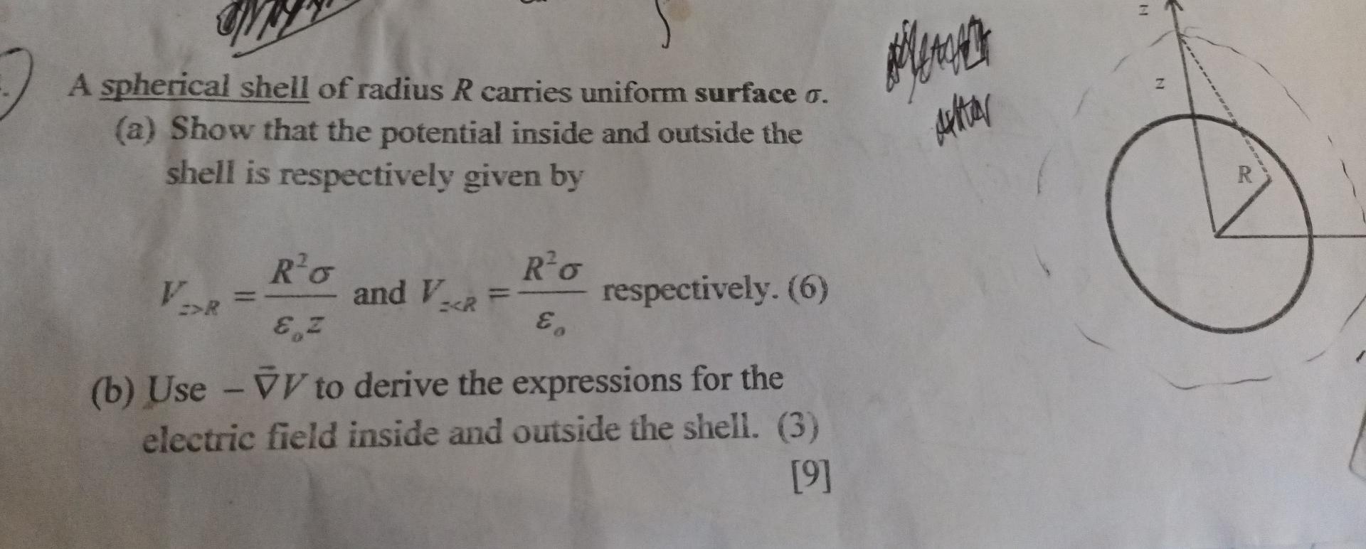 Solved A spherical shell of radius R carries uniform surface | Chegg.com