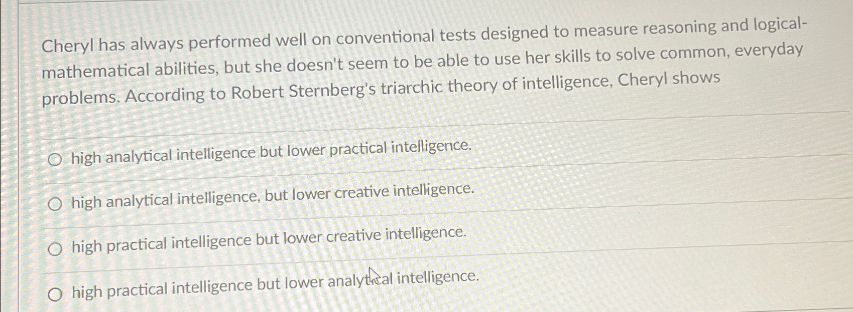 Solved Cheryl has always performed well on conventional | Chegg.com