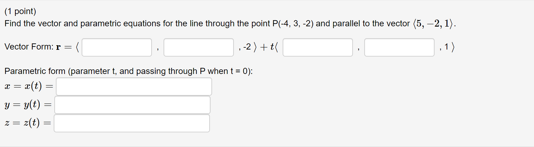 Solved (1 ﻿point)Find the vector and parametric equations | Chegg.com
