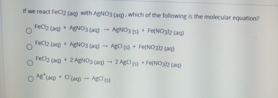 Solved If we react FeCl2 (aq) with AgNO3(aq), which of the | Chegg.com