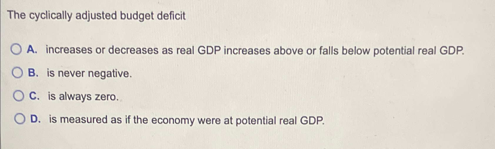 Solved The cyclically adjusted budget deficitA. ﻿increases | Chegg.com